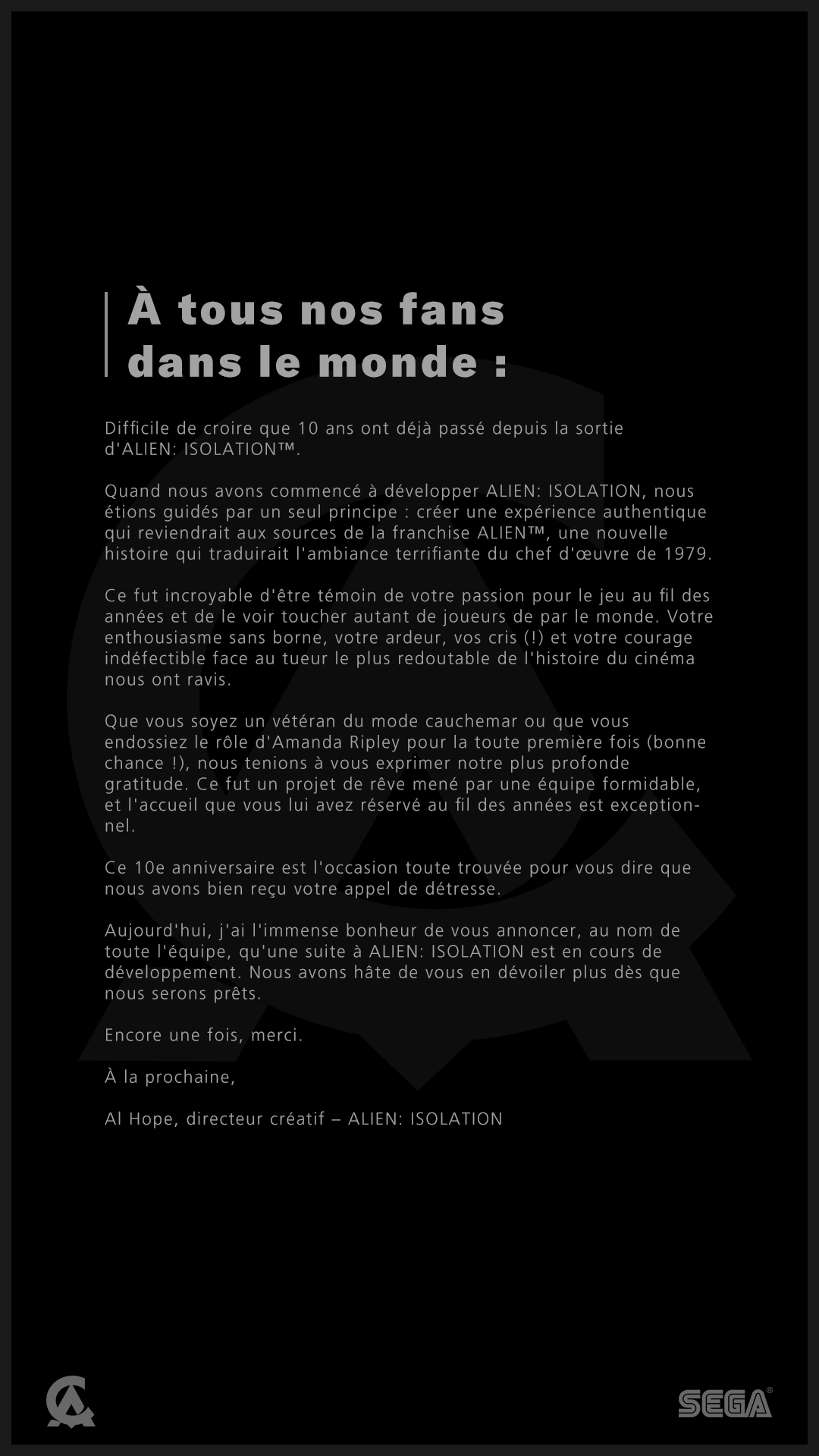 Alien Isolation 2 annoncé pour les 10 ans du premier jeu